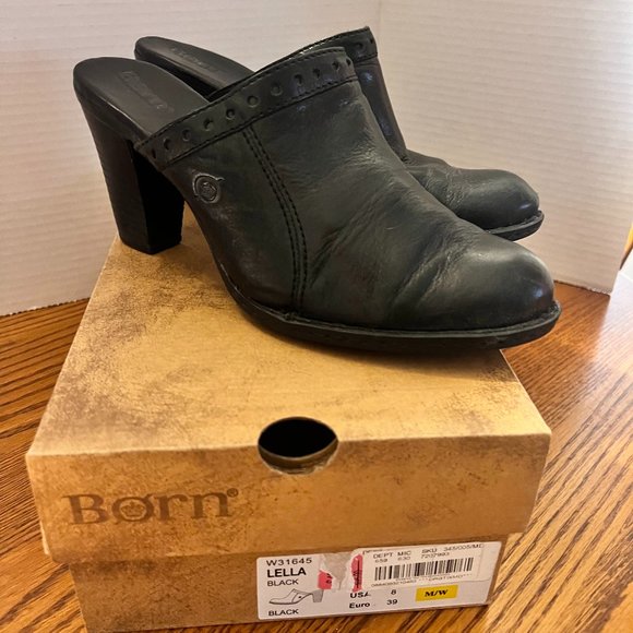 Born | Shoes | Born Lella W9645 Black Leather Heels Mule Clogs Size 8 ...